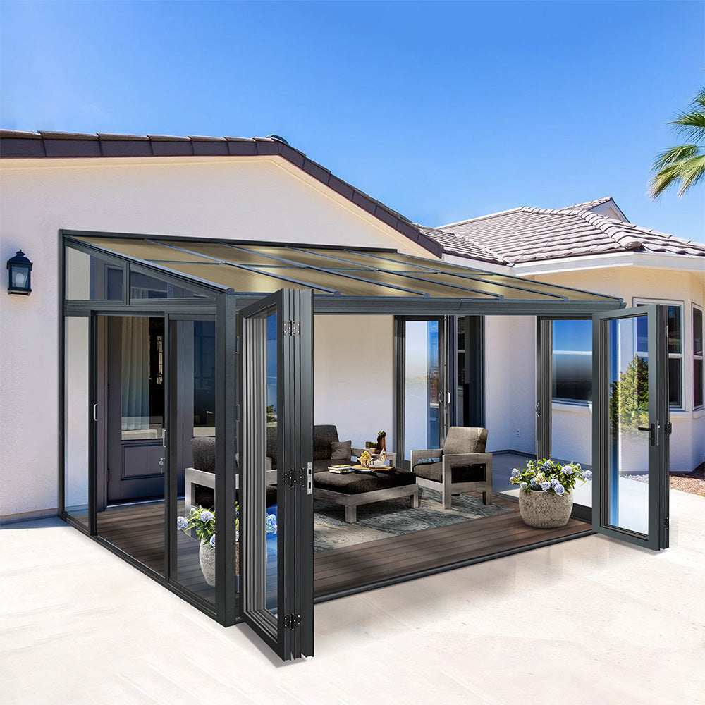 Tempered Glass Sunroom with Bi-Fold Doors Greenhouse Home Addition - B