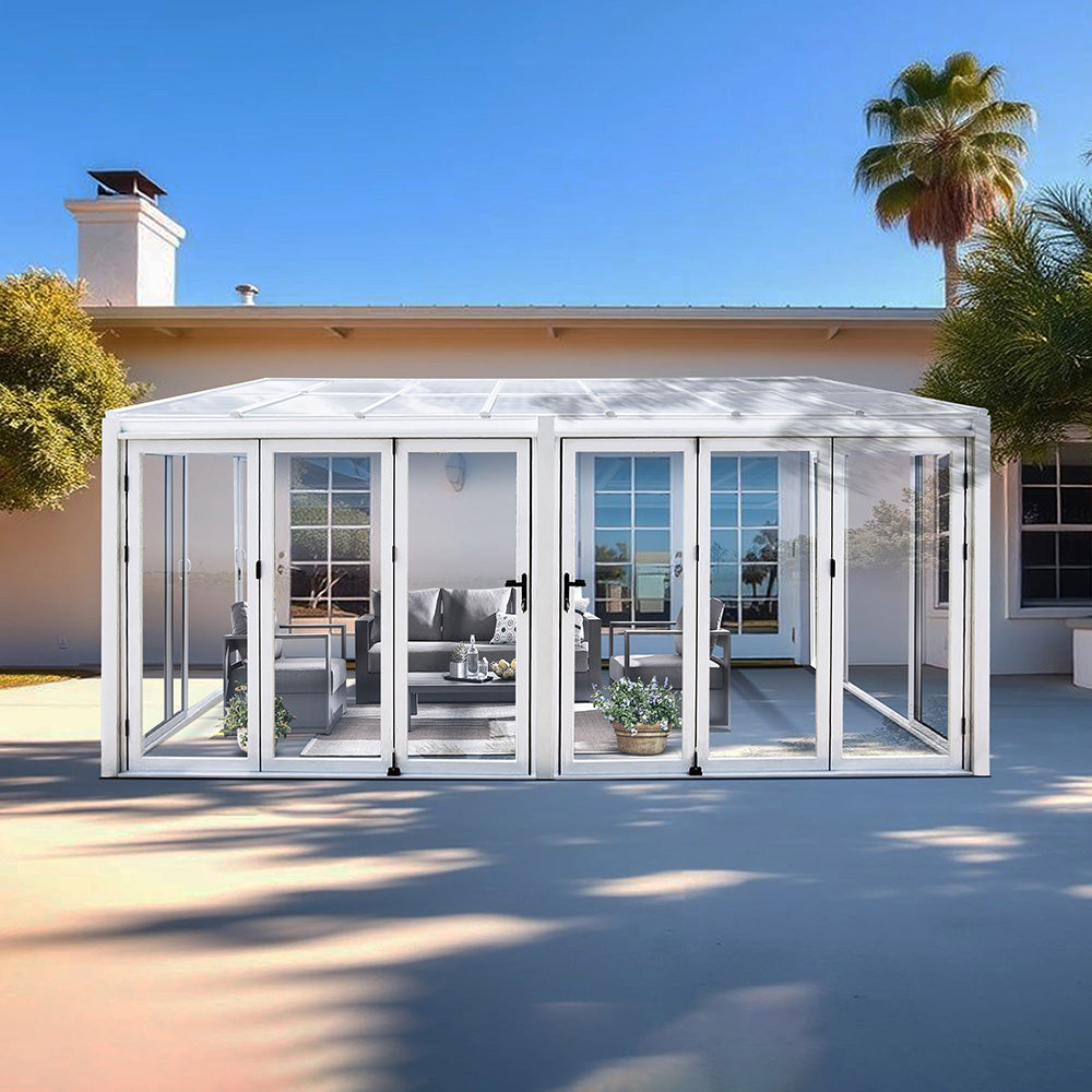 Tempered Glass Sunroom with Bi-Fold Doors Greenhouse Home Addition - W