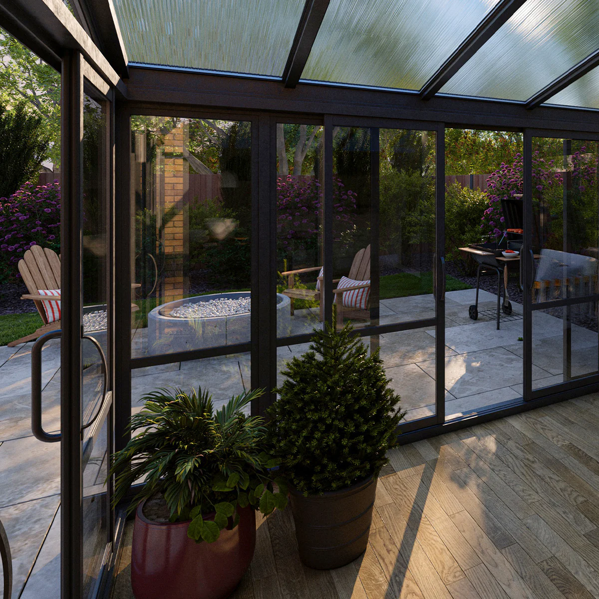 Tempered Glass Sunroom with Sliding Doors - Black 12' Wide