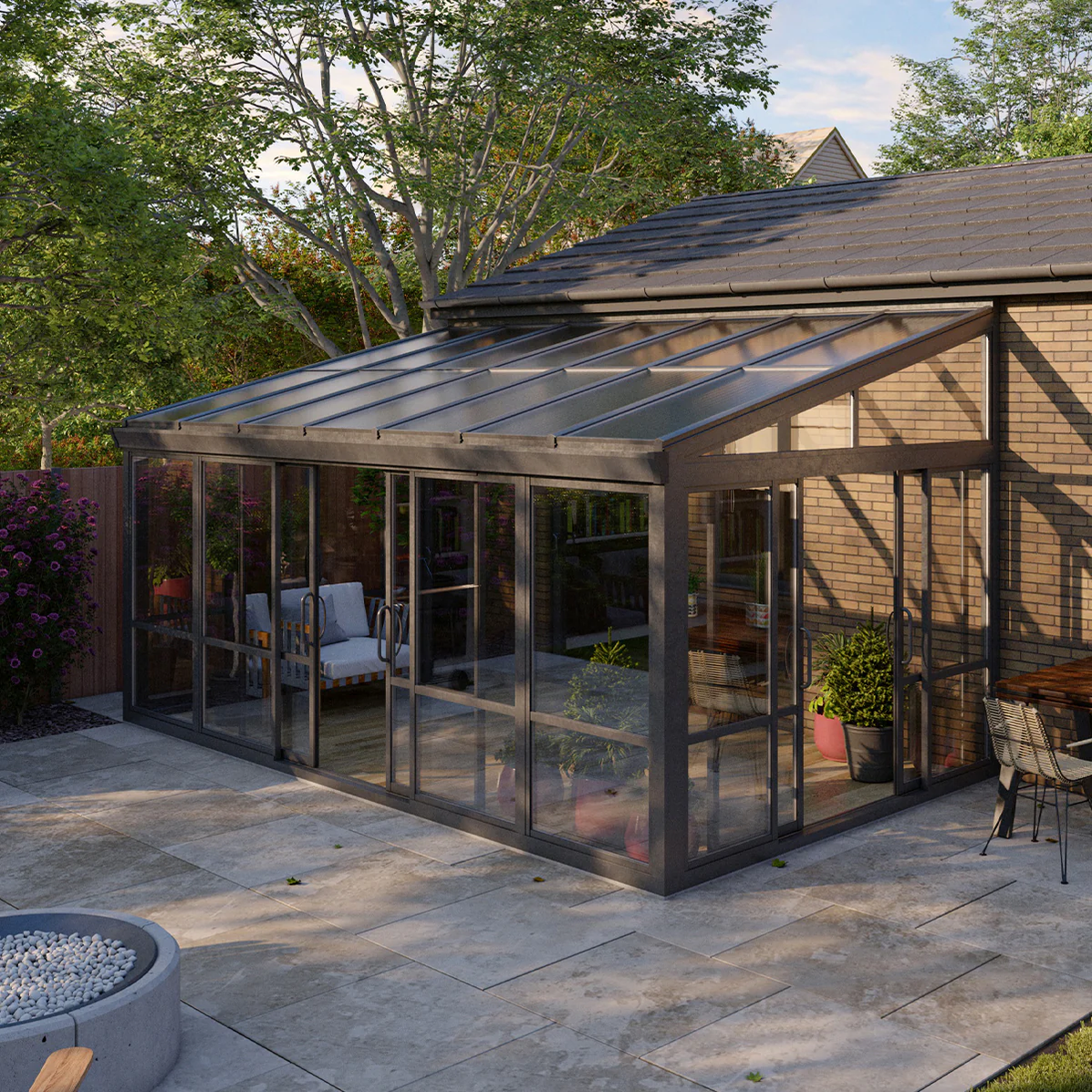 Tempered Glass Sunroom with Sliding Doors - Black 16.7' Wide