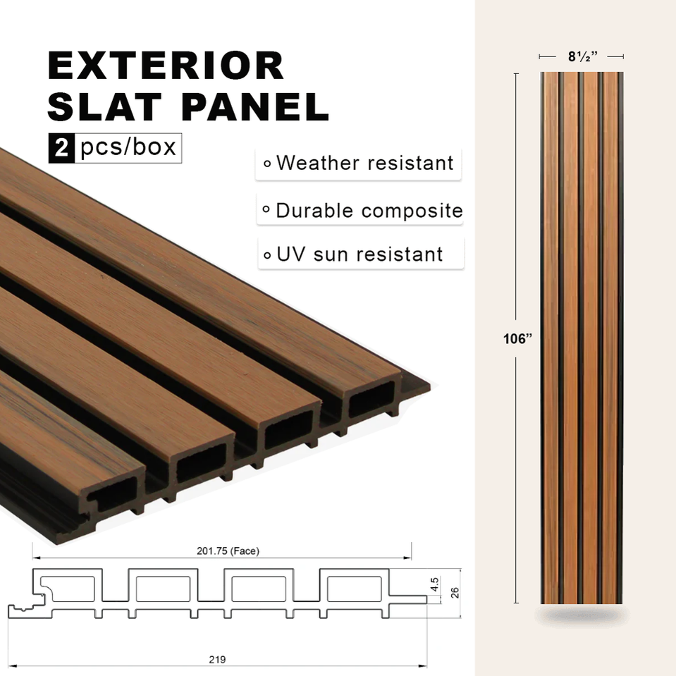 Teak A1 & Black Composite Siding Slat Panels for Exterior Outdoor Wall