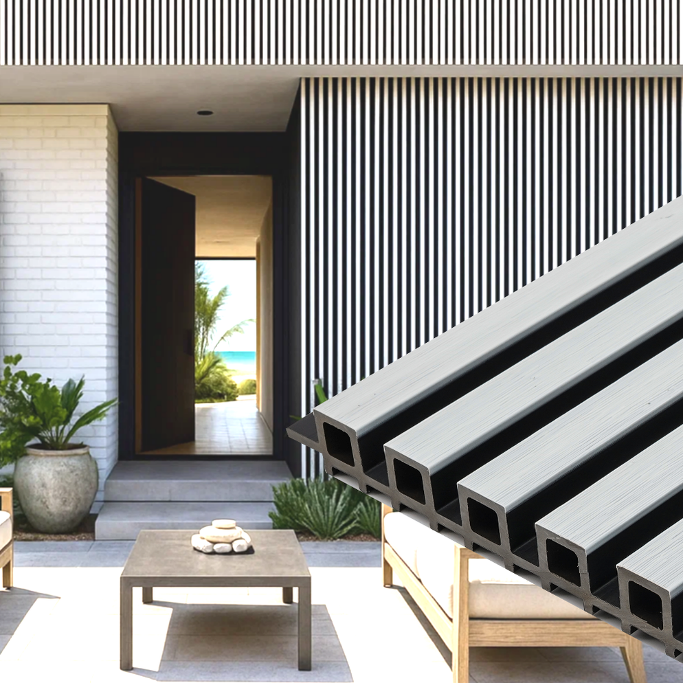 White Oak and Black Composite Siding – Slat Wall Cladding System for E